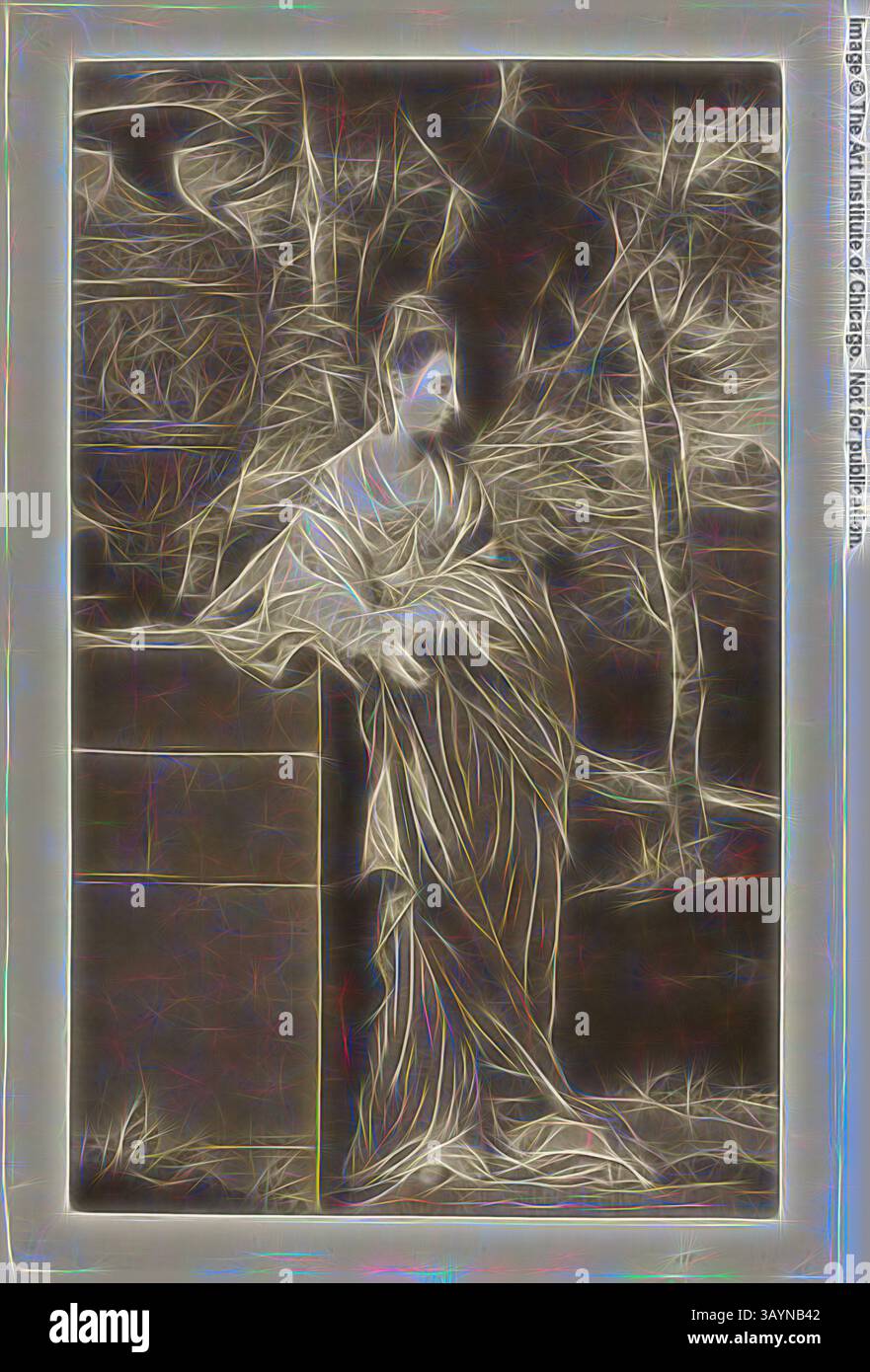 A serene figure stands gracefully by a stone structure, surrounded by ...