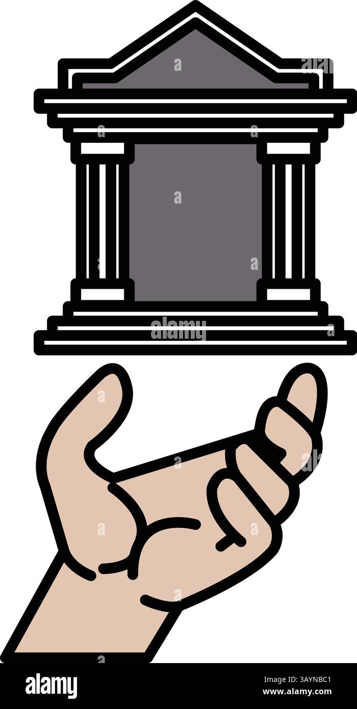 A hand is holding a building in the air. The building is a large, gray ...