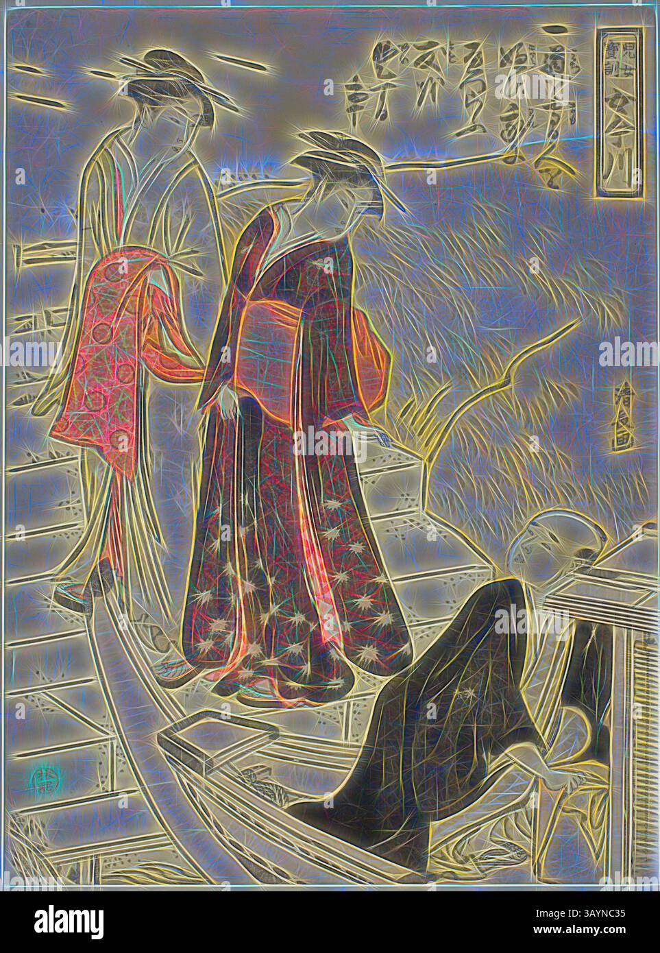 Two elegant figures in traditional attire navigate a scenic pathway ...