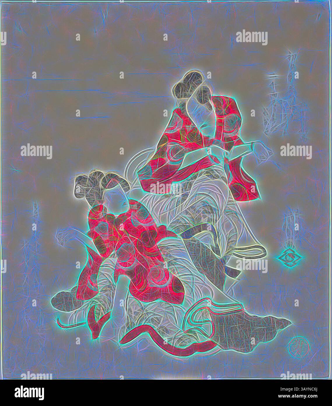 Two figures in traditional attire are depicted in a dynamic pose ...