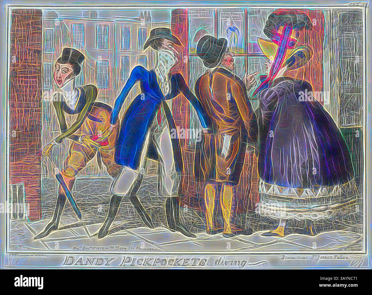 A humorous scene depicting elegantly dressed figures in a bustling ...