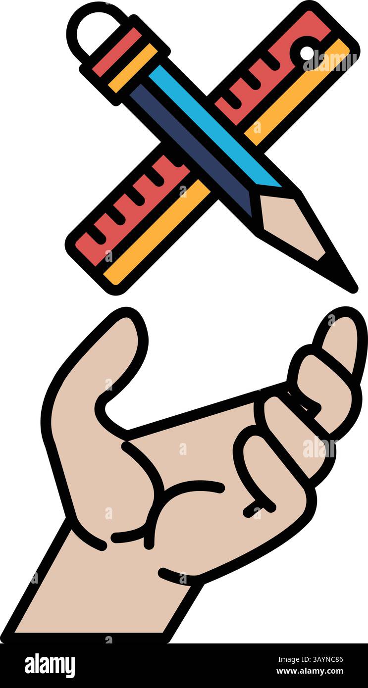 A hand holding a pencil and a ruler. Concept of creativity and learning ...