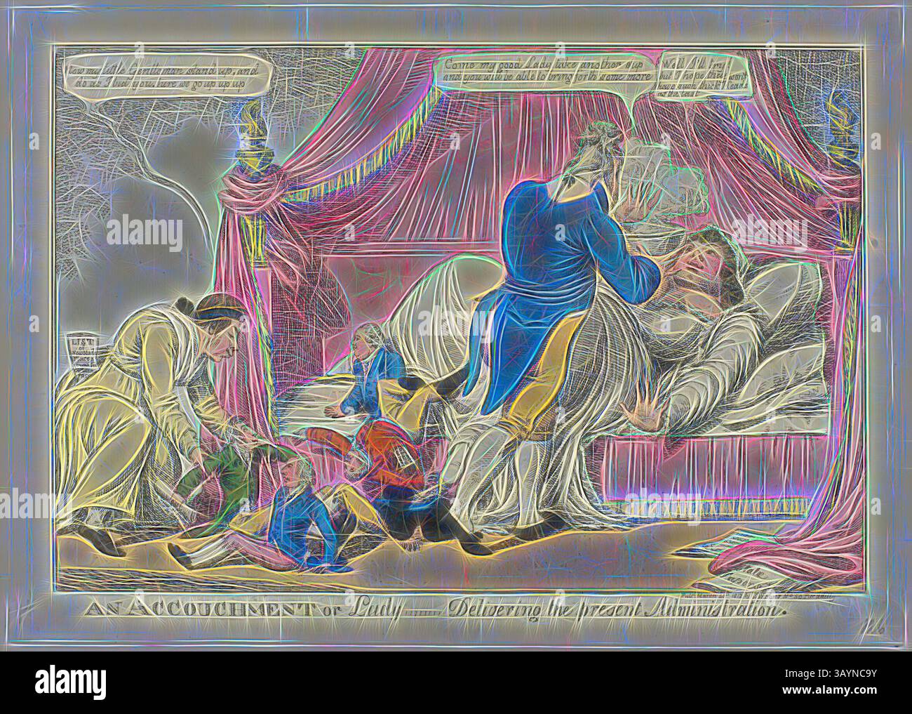 A dramatic scene depicting a historical moment of childbirth, where a ...