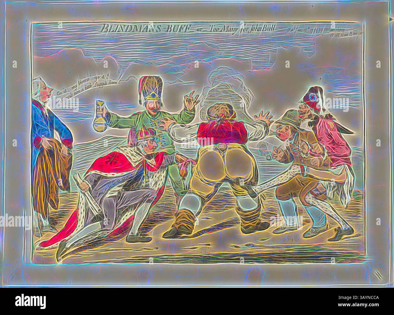 A satirical scene depicting a group of soldiers and figures in ...