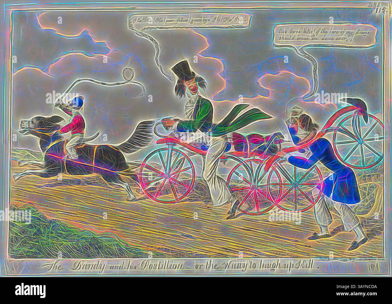 A whimsical scene depicts a man in a top hat joyfully riding in a ...