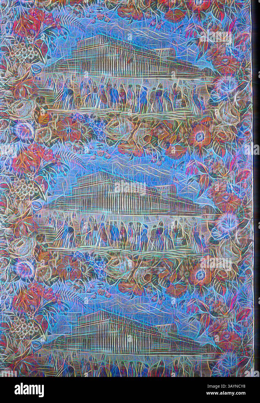 An intricate design featuring layered structures surrounded by vibrant ...