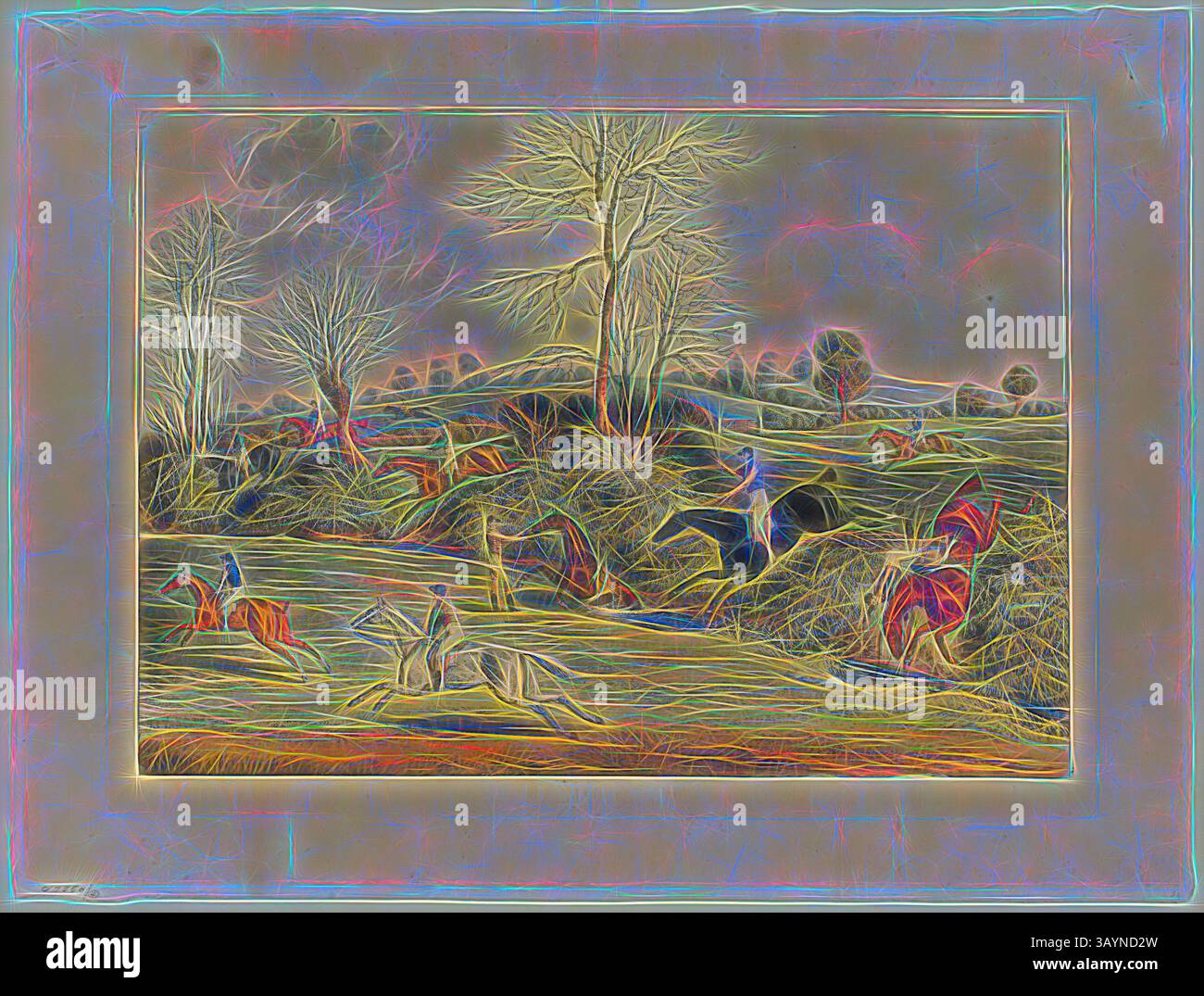 A vibrant scene depicting horse riders navigating a rugged landscape ...