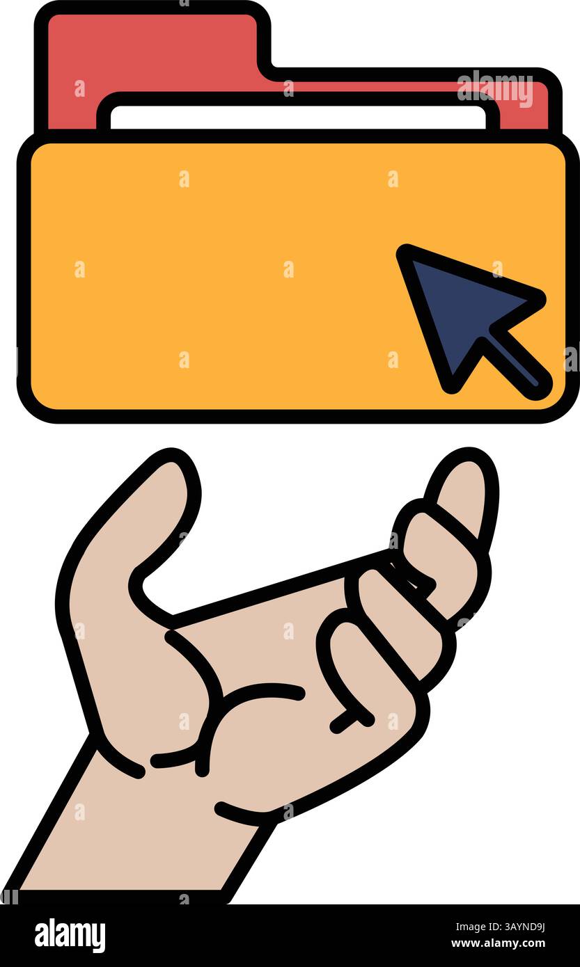 A hand holding a folder with a mouse cursor pointing to it. The folder is yellow and red Stock ...