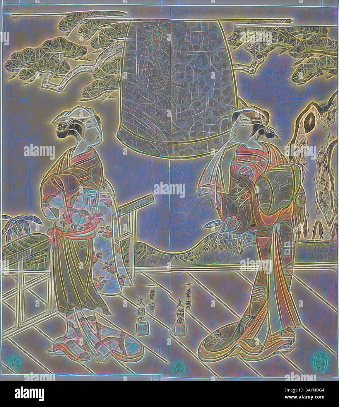 Two elegantly dressed figures stand in a serene setting, adorned in ...