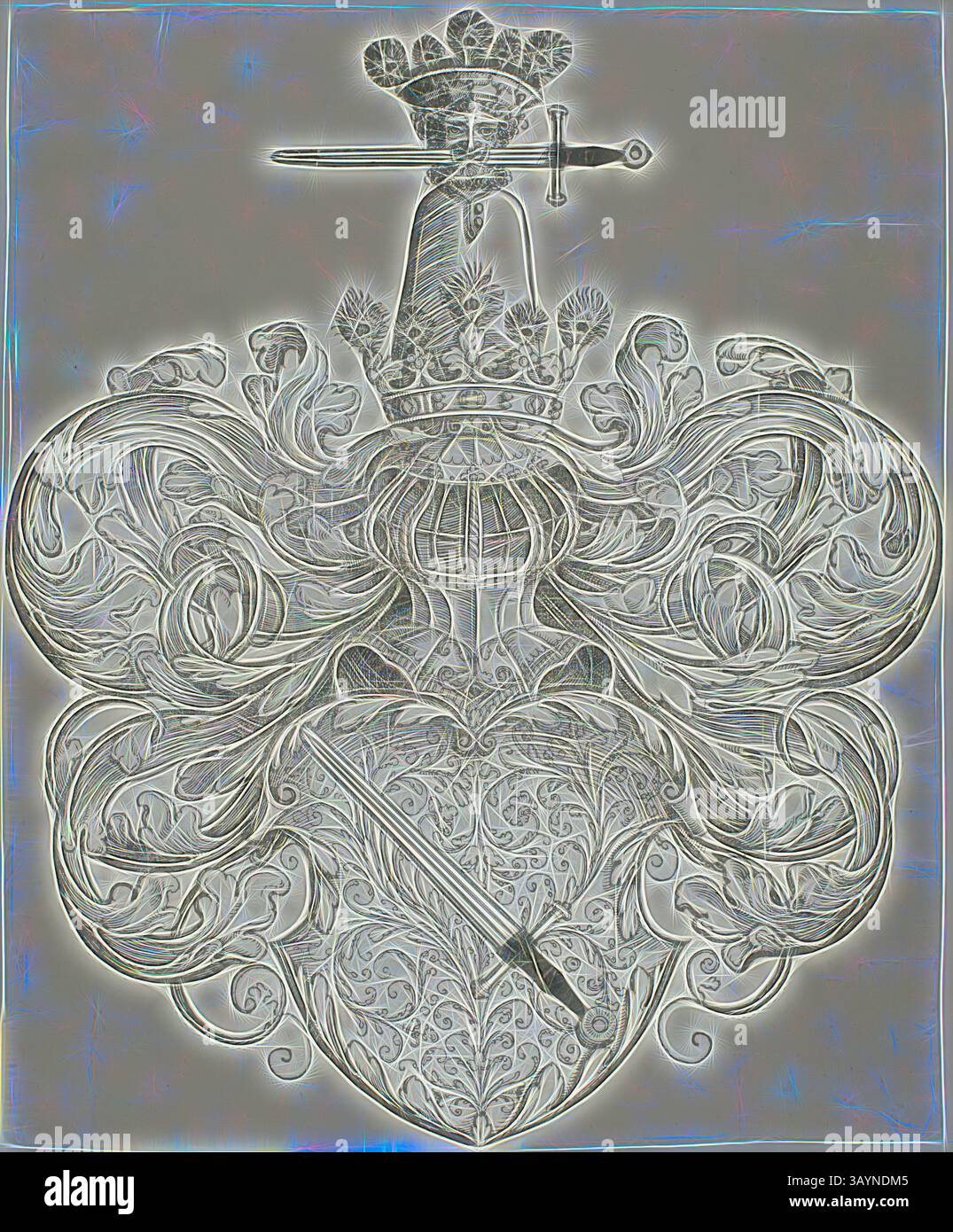 An intricately designed crest featuring a crowned hand holding a sword ...