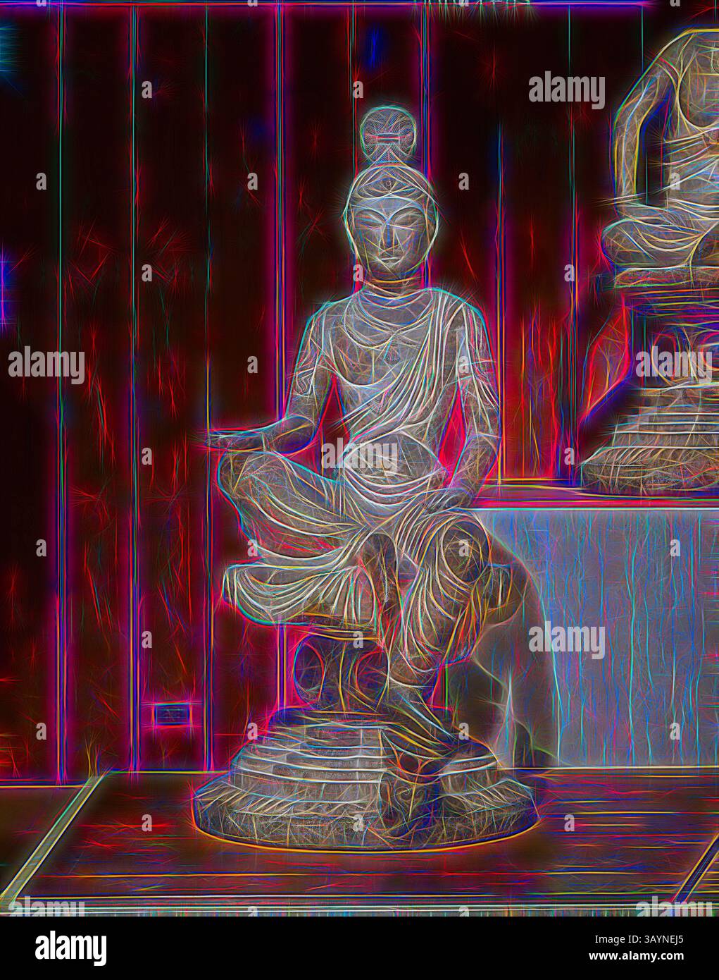 A serene figure of a seated deity, adorned with intricate details and ...