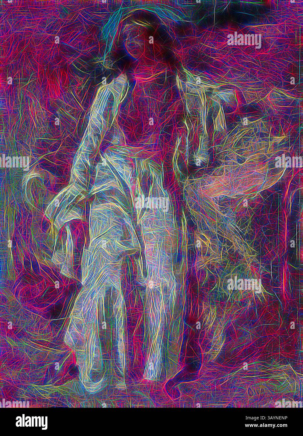 A figure dressed in flowing garments stands confidently amidst a swirl ...