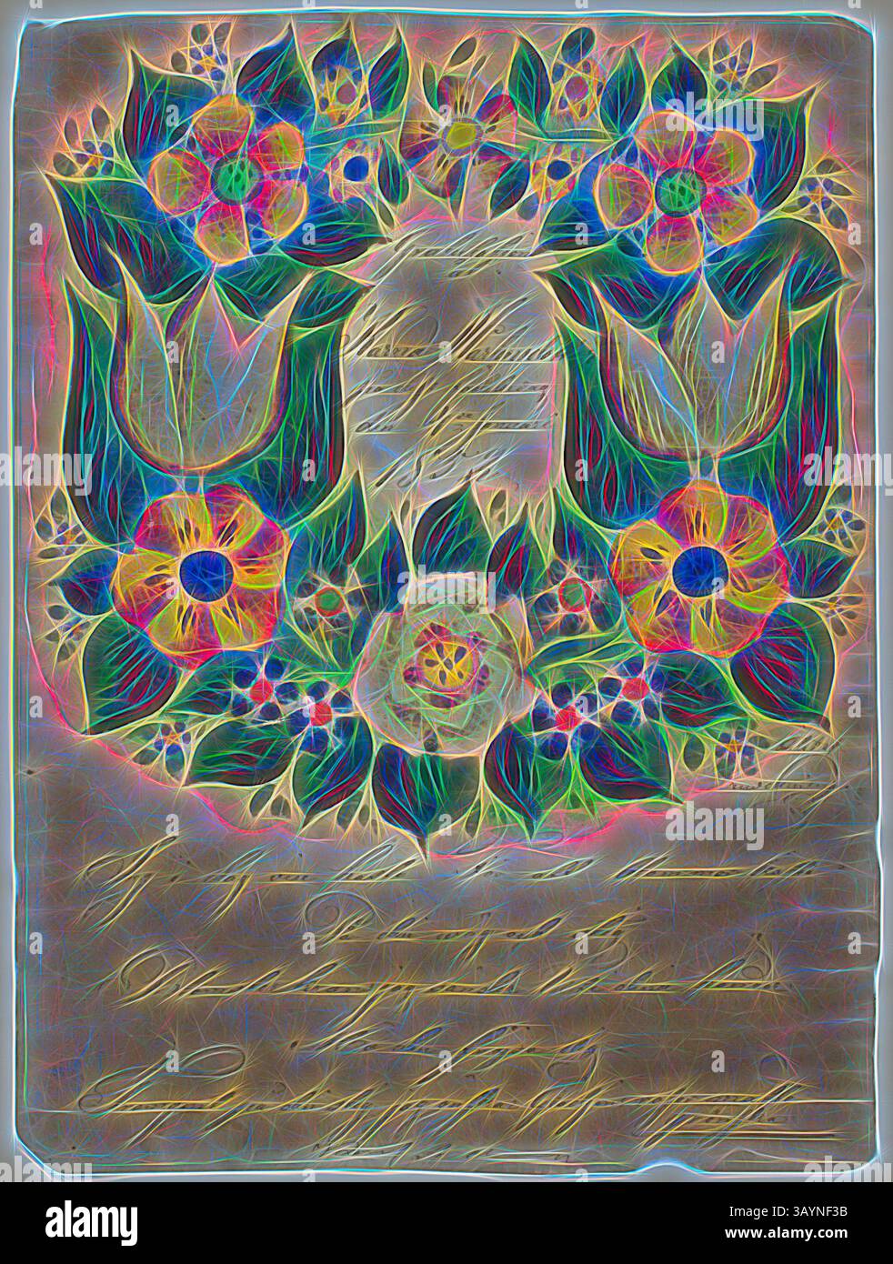 A vibrant floral design features an arrangement of colorful flowers ...