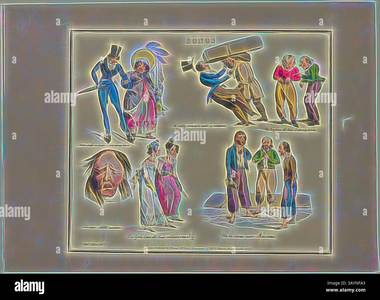 A series of whimsical and exaggerated illustrations depicting various ...