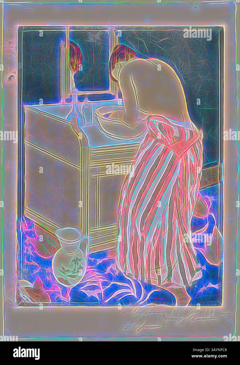 A figure leans over a sink, their back turned, as they wash in a serene ...