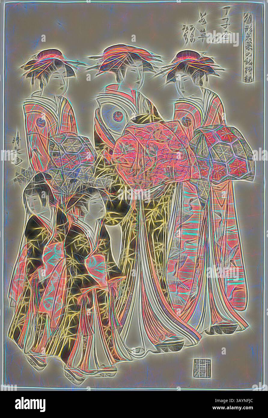 A traditional scene depicting elegantly dressed figures in ornate ...