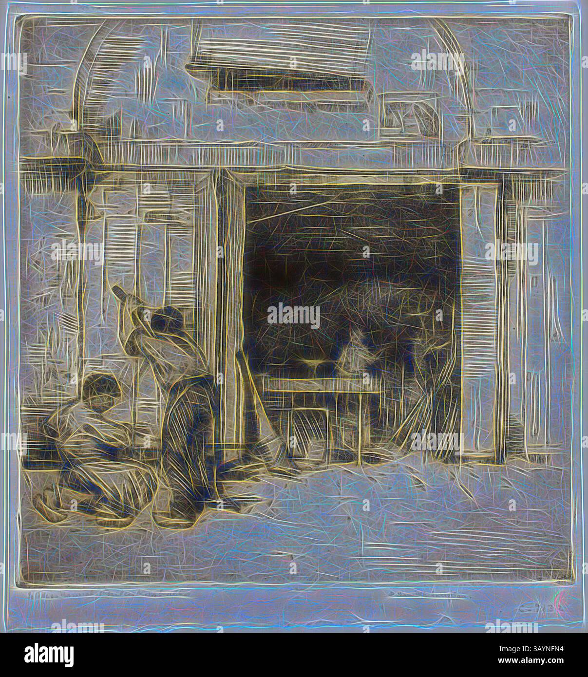 Two figures are engaged in a task, one appearing to paint a surface ...
