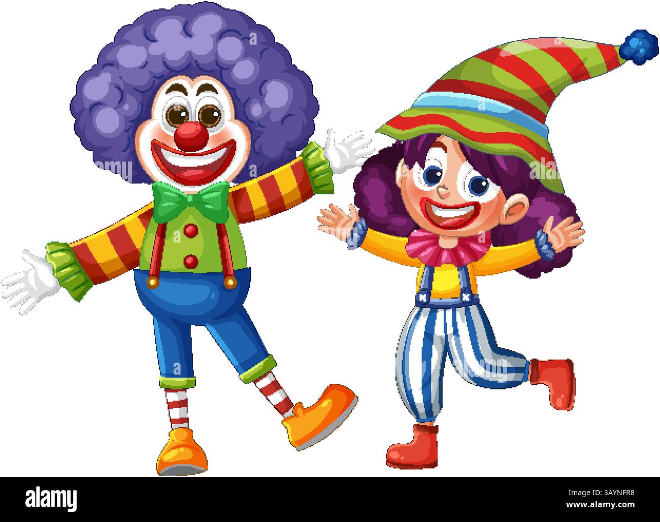 Two cheerful clowns with vibrant costumes and exaggerated expressions ...