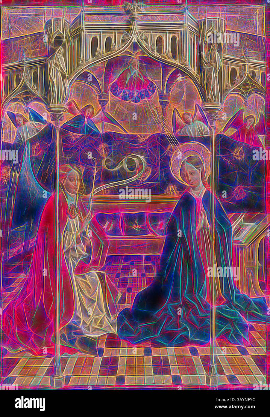 A serene scene depicting two figures seated in a richly detailed ...