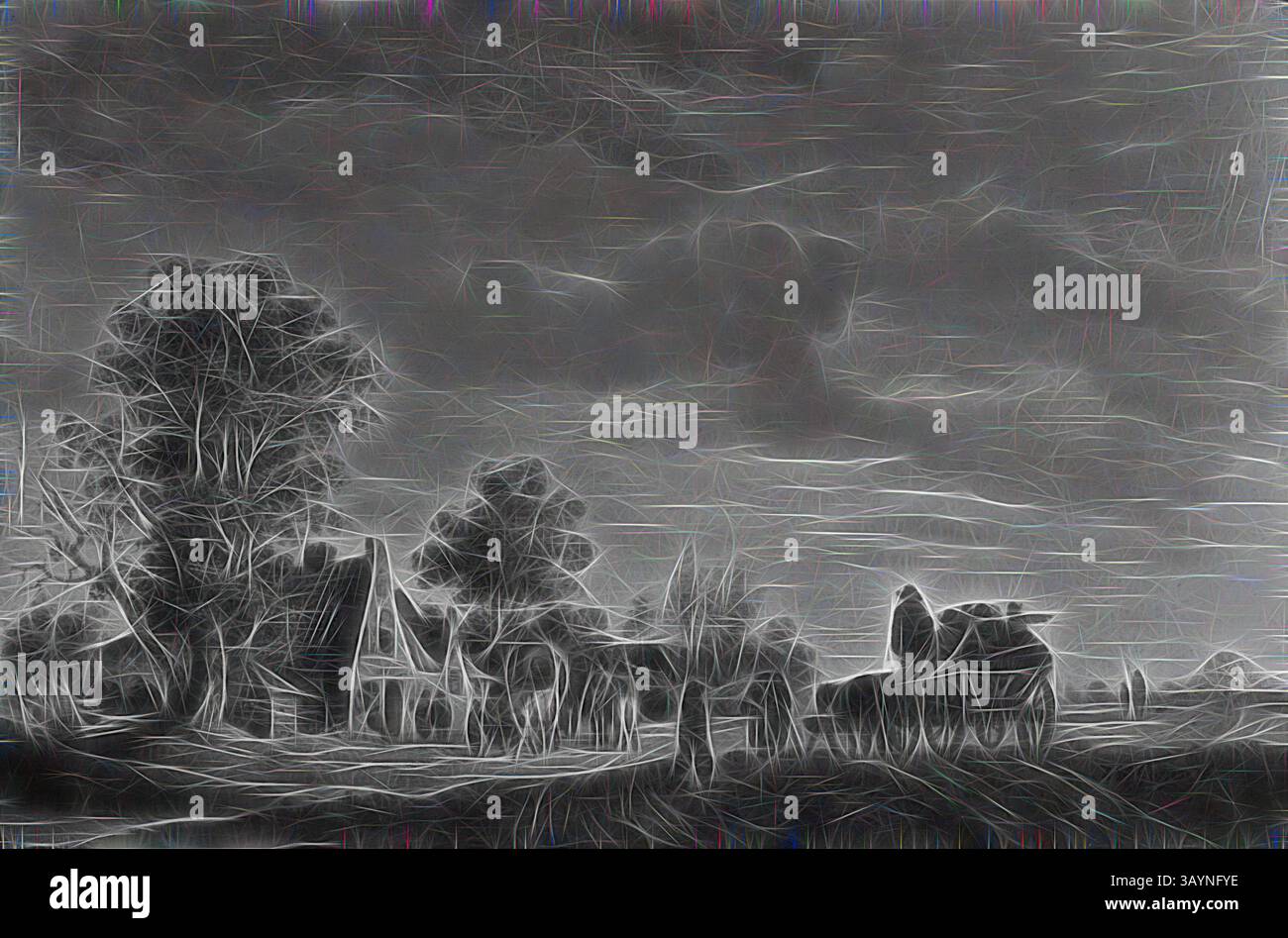 A moody landscape depicting a rural scene, featuring a collection of ...