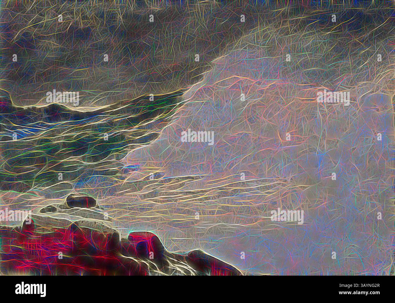 A turbulent seascape with swirling waves and textured rocks ...
