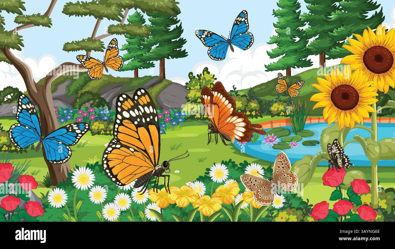 Colorful butterflies flutter among sunflowers and lush greenery in a ...