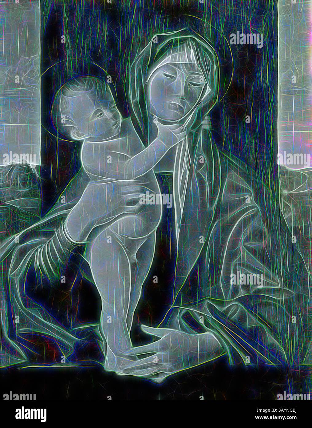 A serene depiction of a mother cradling her child, surrounded by an ...