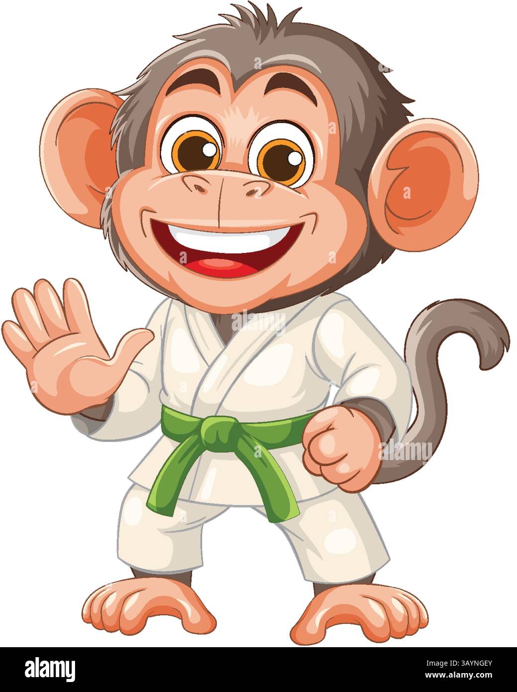 Vector illustration of a smiling monkey wearing a karate gi with a ...