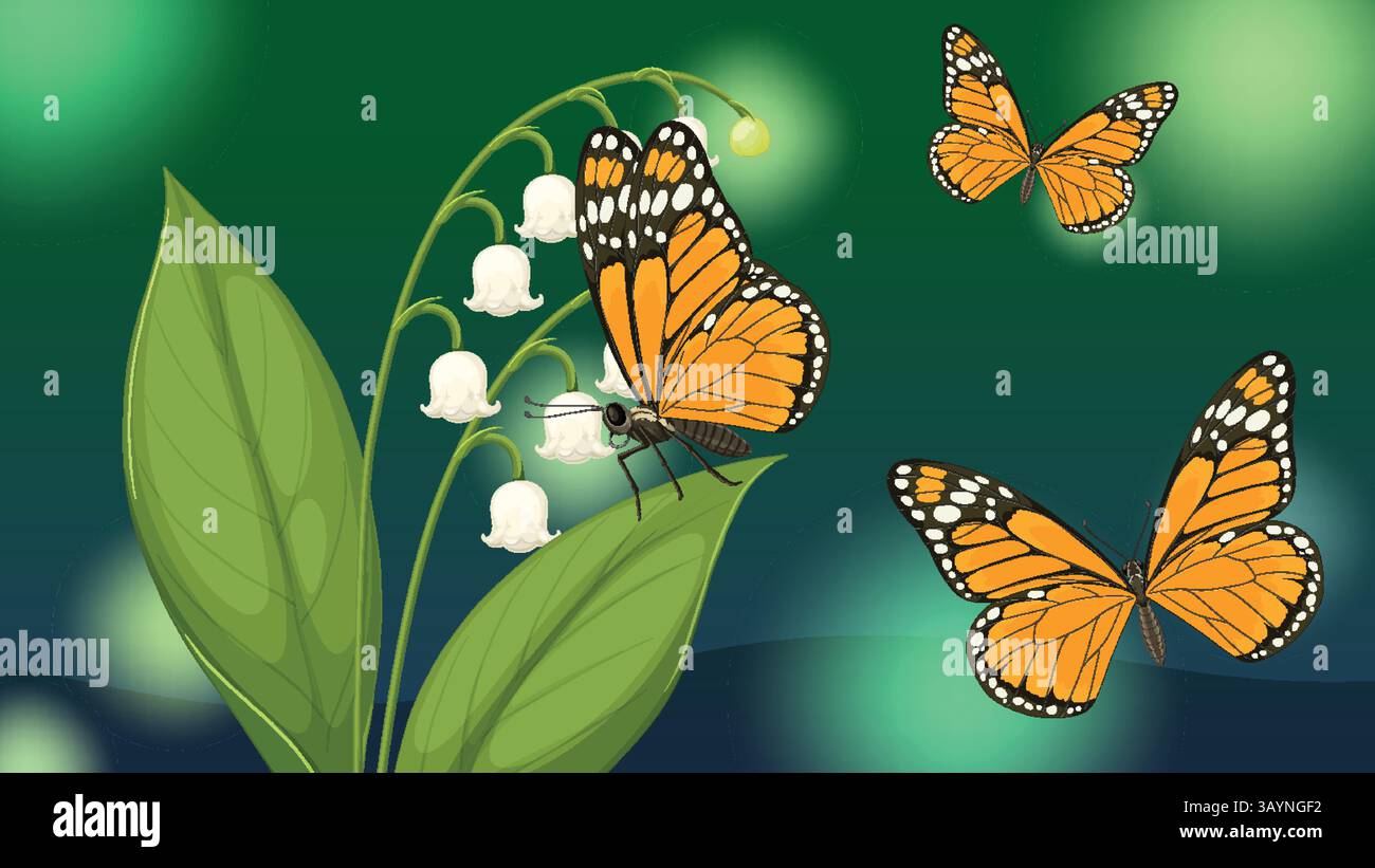 Vibrant vector illustration of monarch butterflies with lily of the ...
