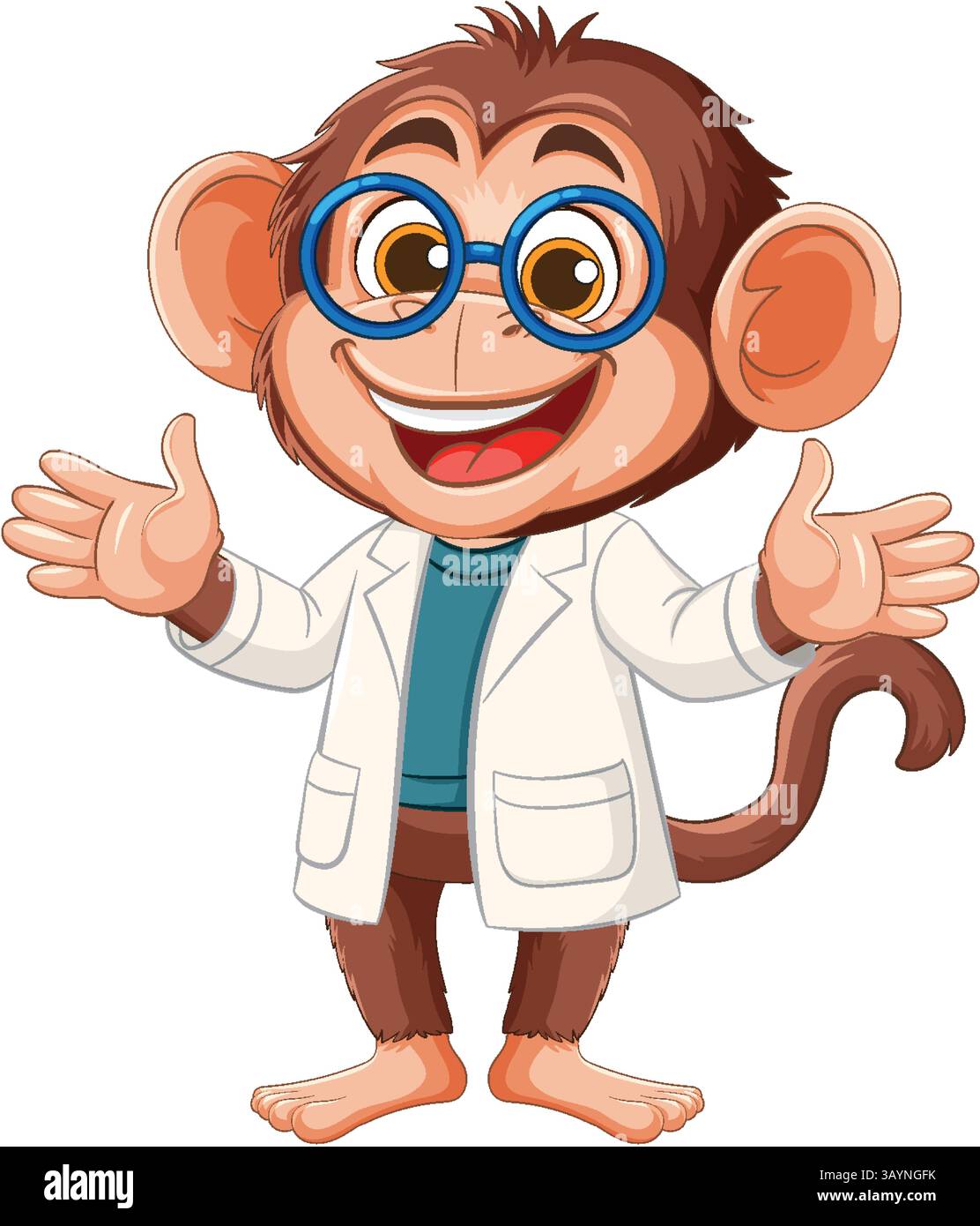 Vector illustration of a smiling monkey wearing glasses and a lab coat ...