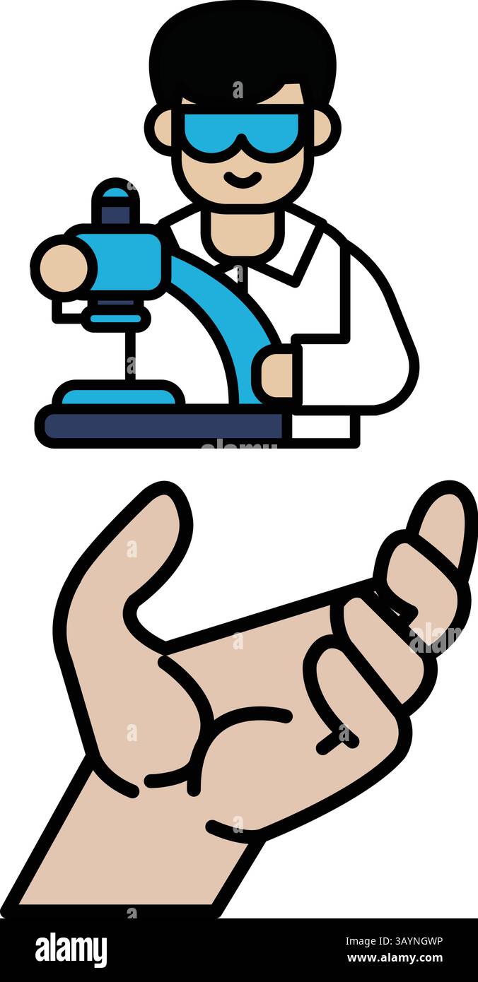 A cartoon of a man in a lab coat holding a microscope. The image is ...