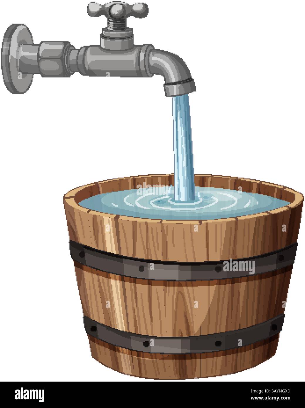 Vector illustration of water pouring from a faucet into a wooden bucket ...