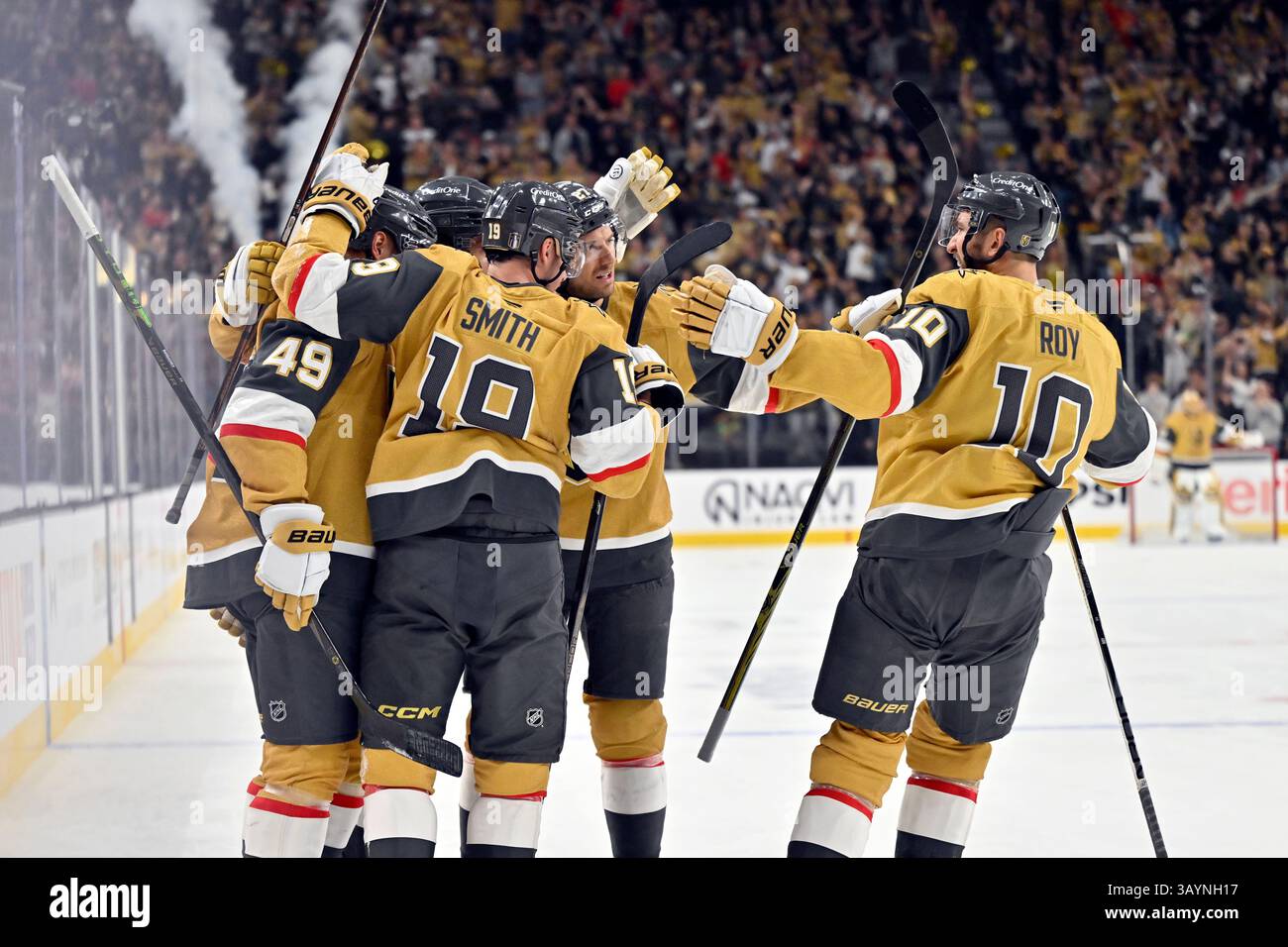 The Vegas Golden Knights celebrate defenseman Noah Hanifin's goal ...