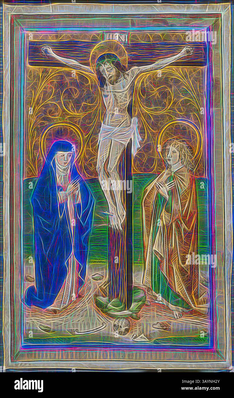 A depiction of the crucifixion scene featuring Jesus on the cross, flanked by figures ...