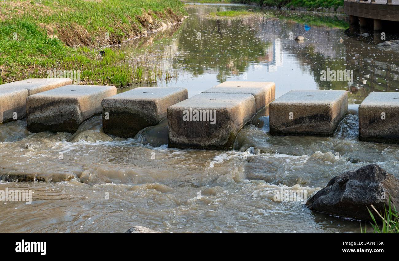 A serene natural scene of a shallow stream flowing gently through the ...