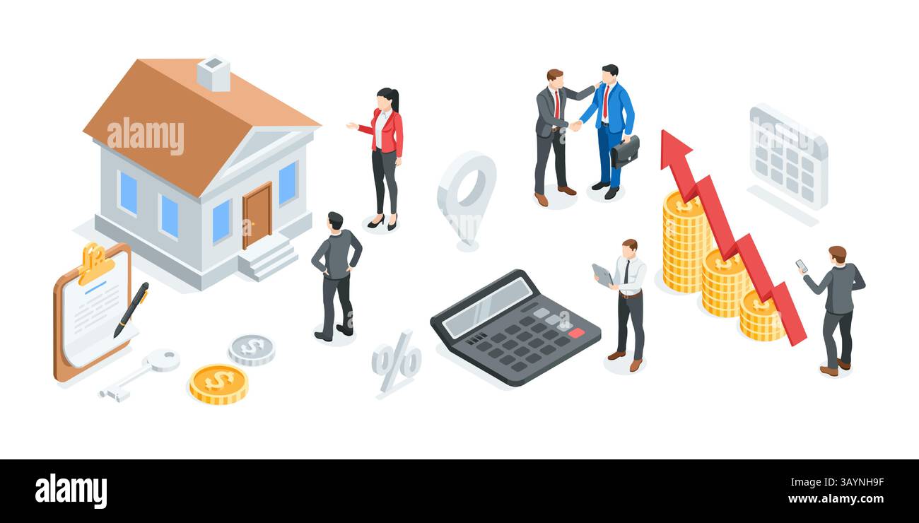 isometric vector concept with people and icons house and money chart ...