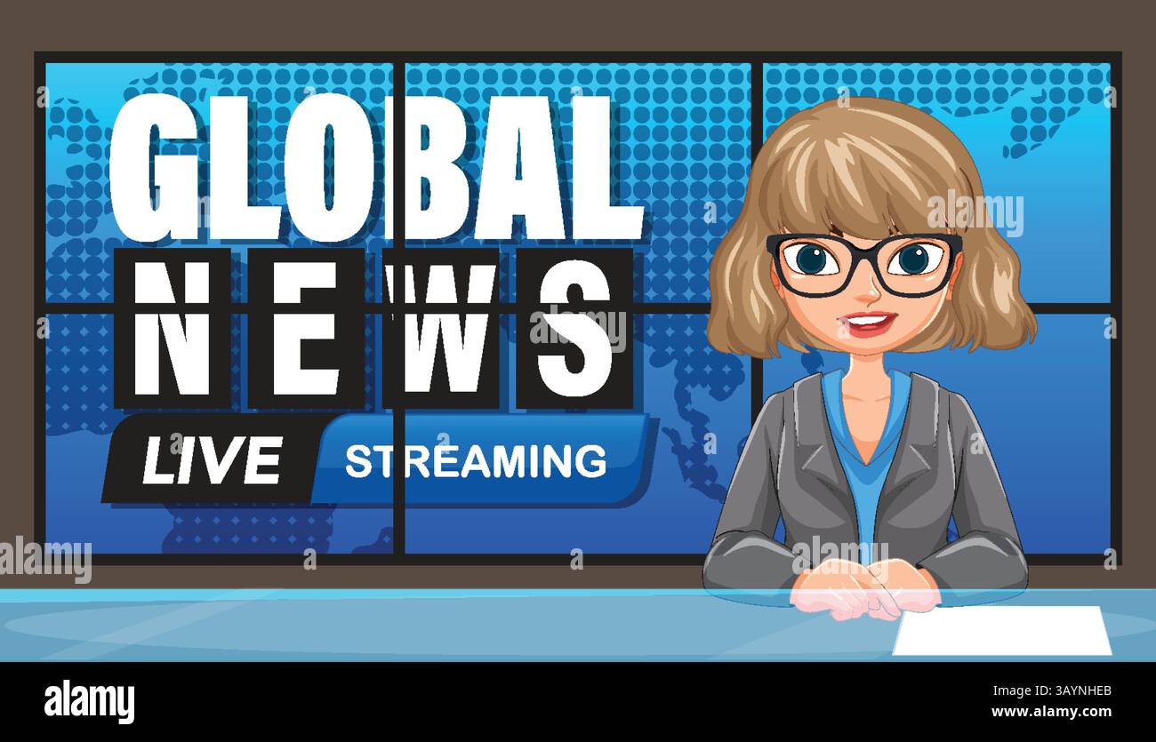 Vector illustration of a news anchor in a studio setting, featuring ...