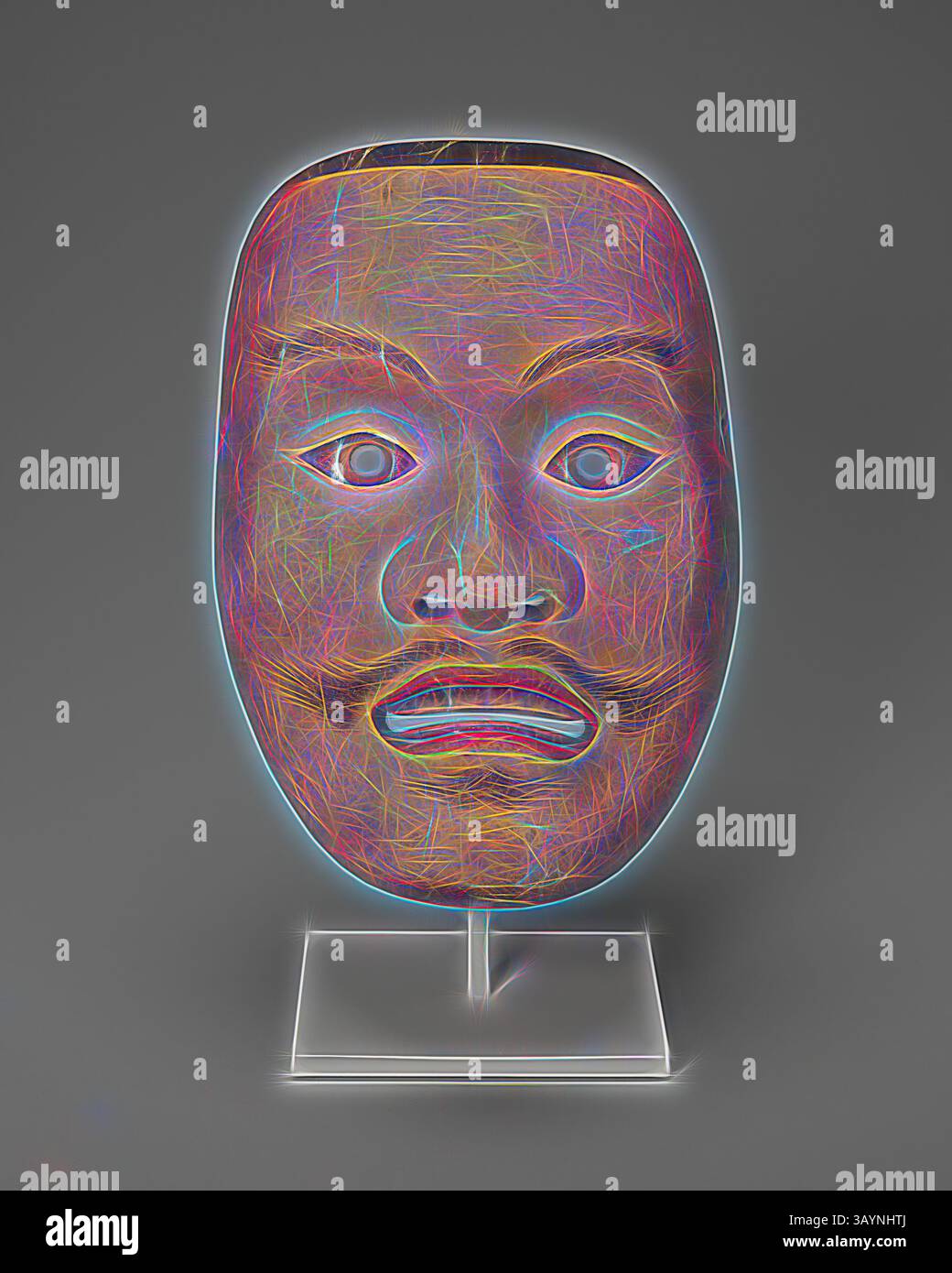 A striking mask with a prominent facial expression, featuring ...