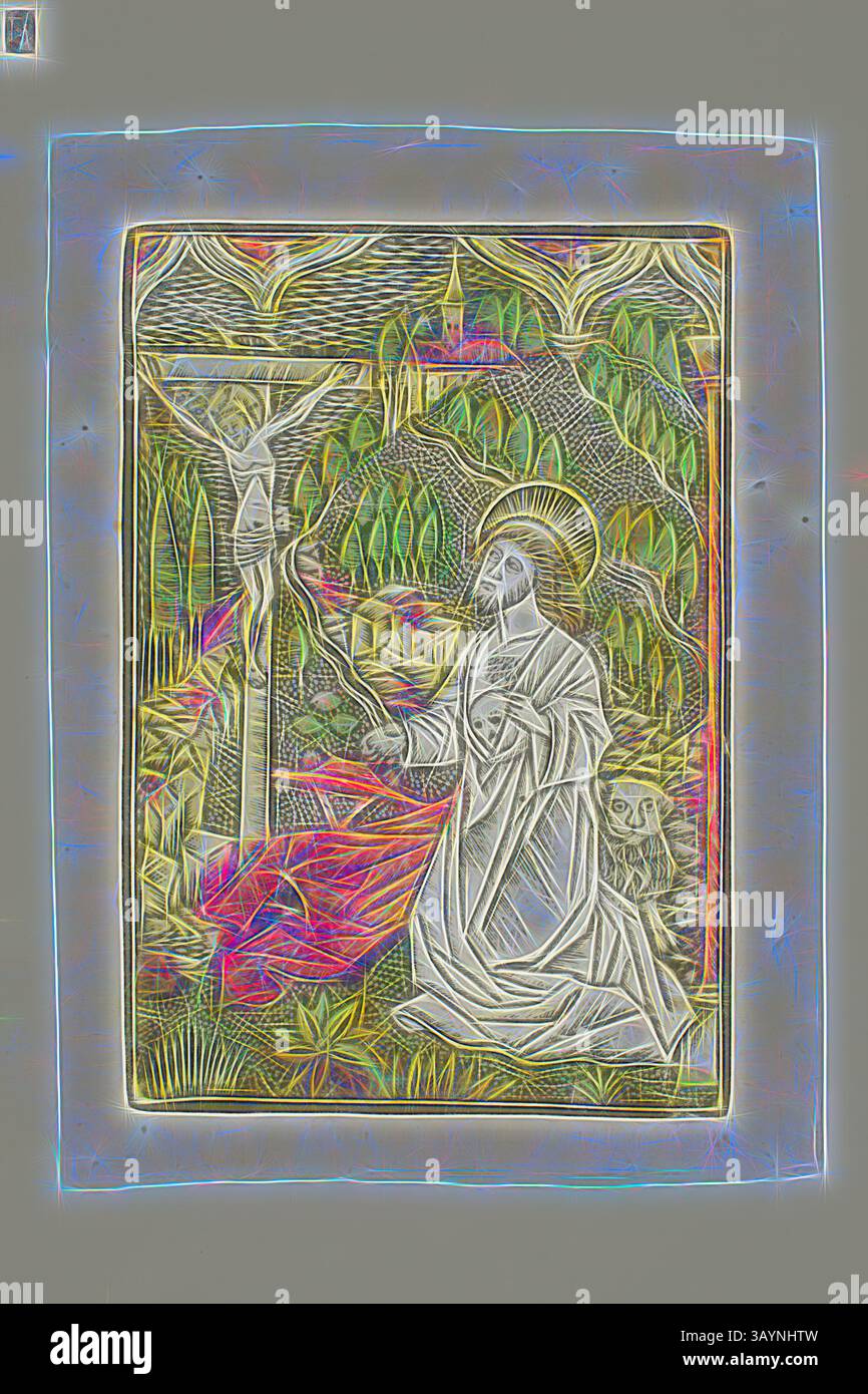 A stylized depiction of a religious figure kneeling in a serene ...