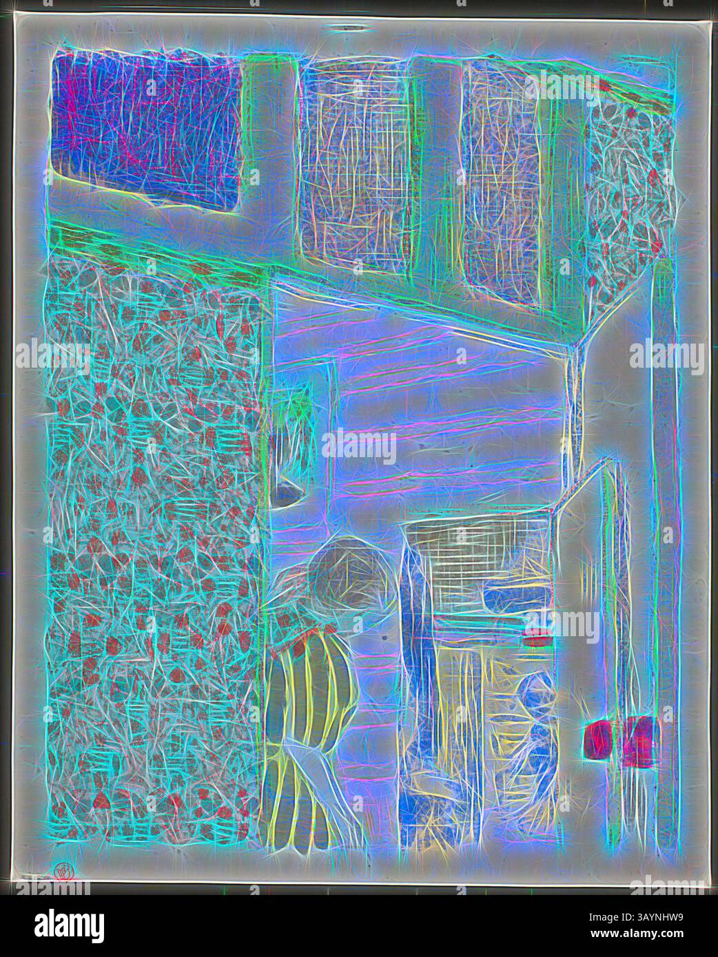 A vibrant interior scene featuring abstracted geometric patterns and ...