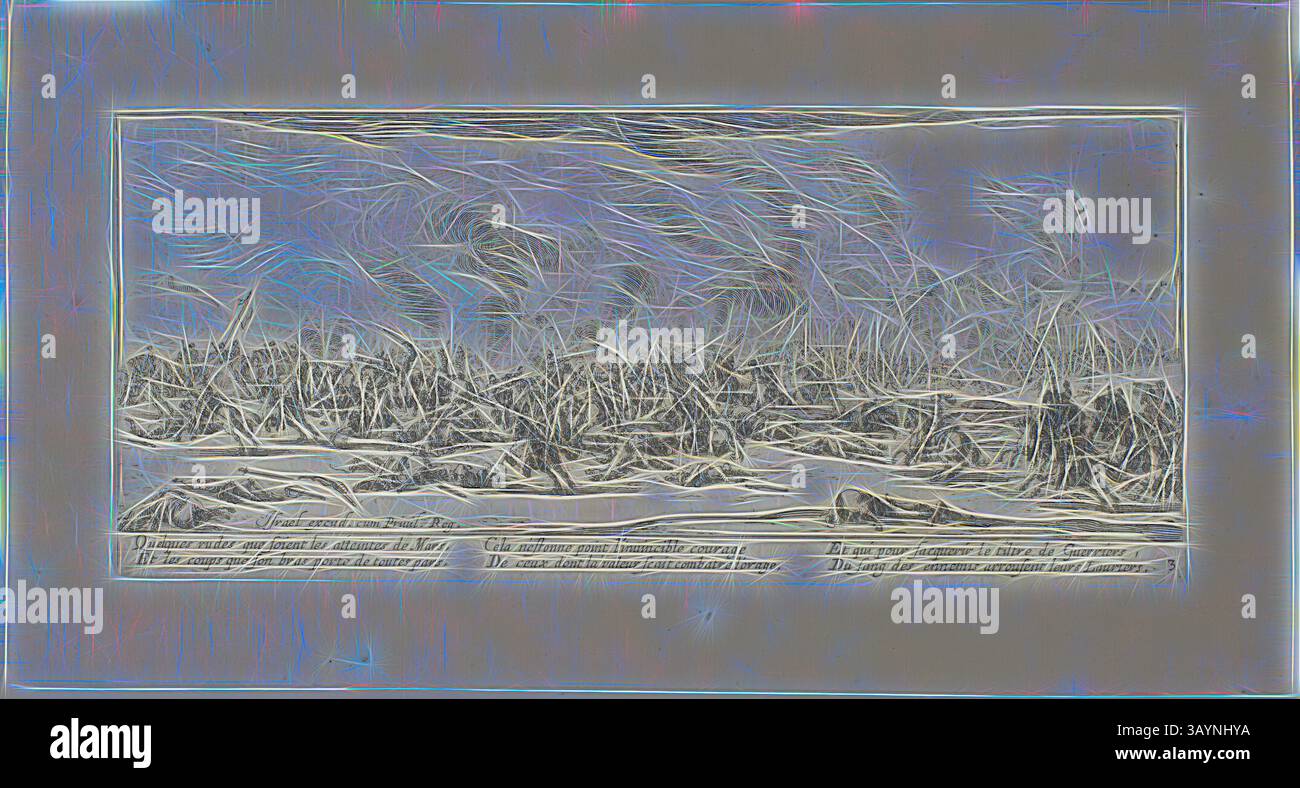 A dramatic landscape depicts tumultuous waves crashing against jagged ...