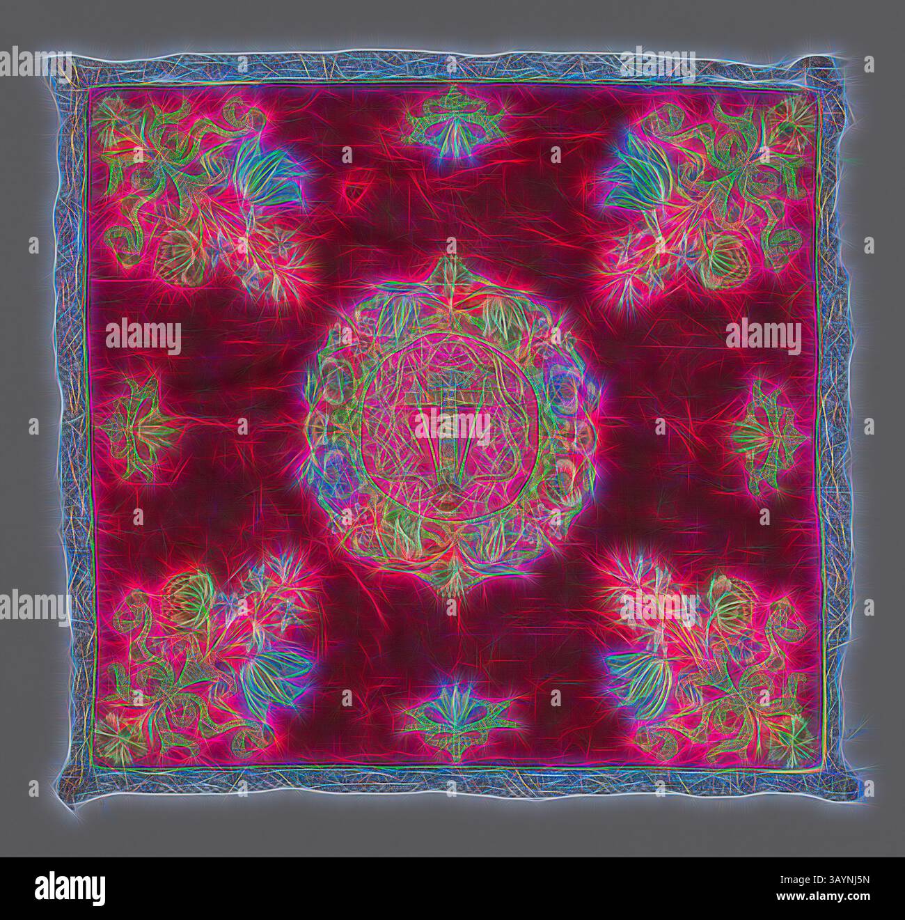 An ornate fabric featuring intricate floral patterns and a central ...