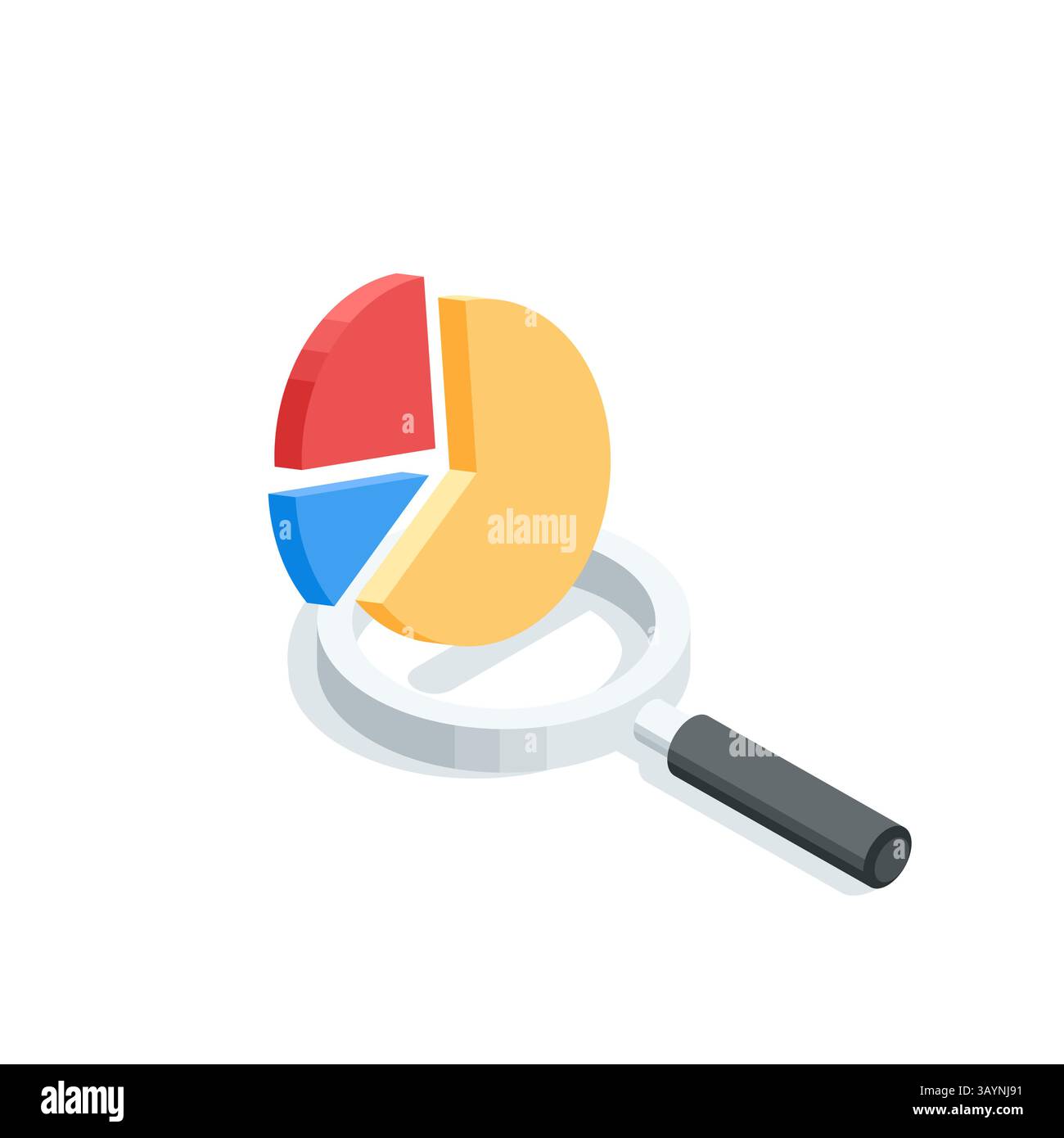 isometric icon of circular chart in magnifying glass, in color on white ...