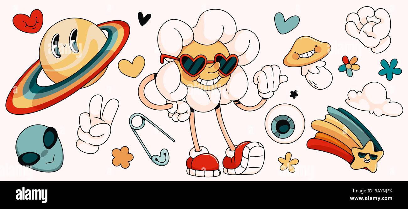 Retro rainbow summer characters set - cheerful smiling daisy character ...