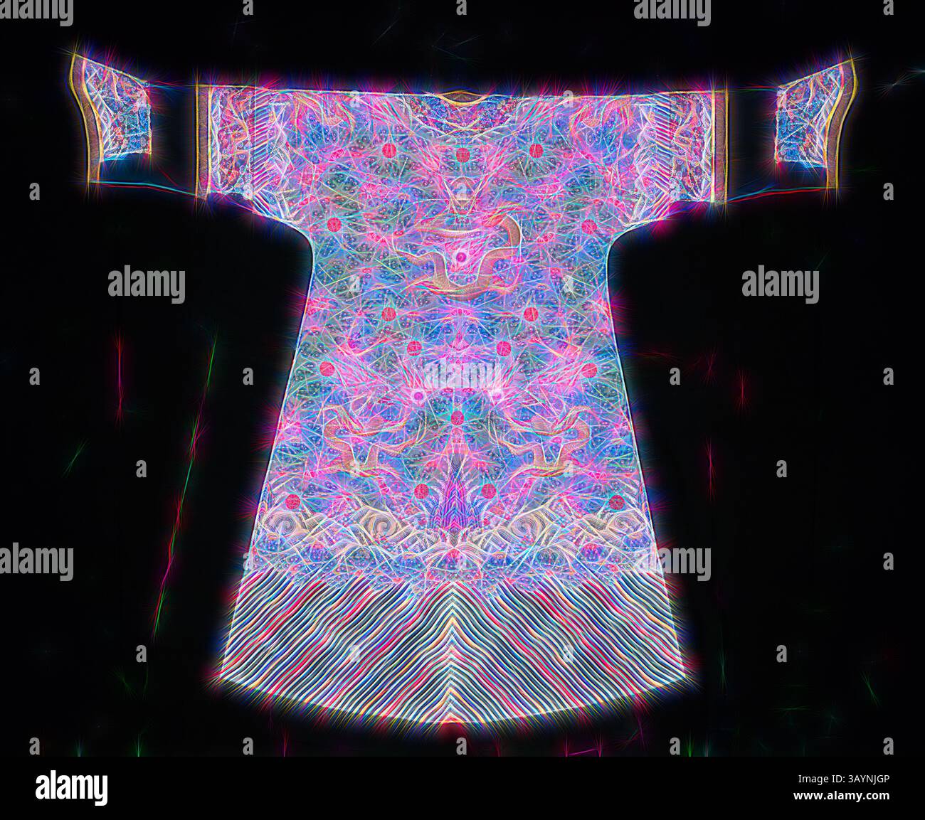 A vibrant, intricately patterned garment featuring swirling designs and ...