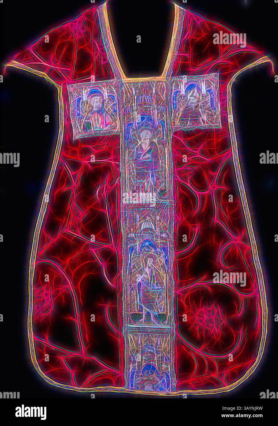 An intricately designed traditional garment featuring vibrant patterns ...