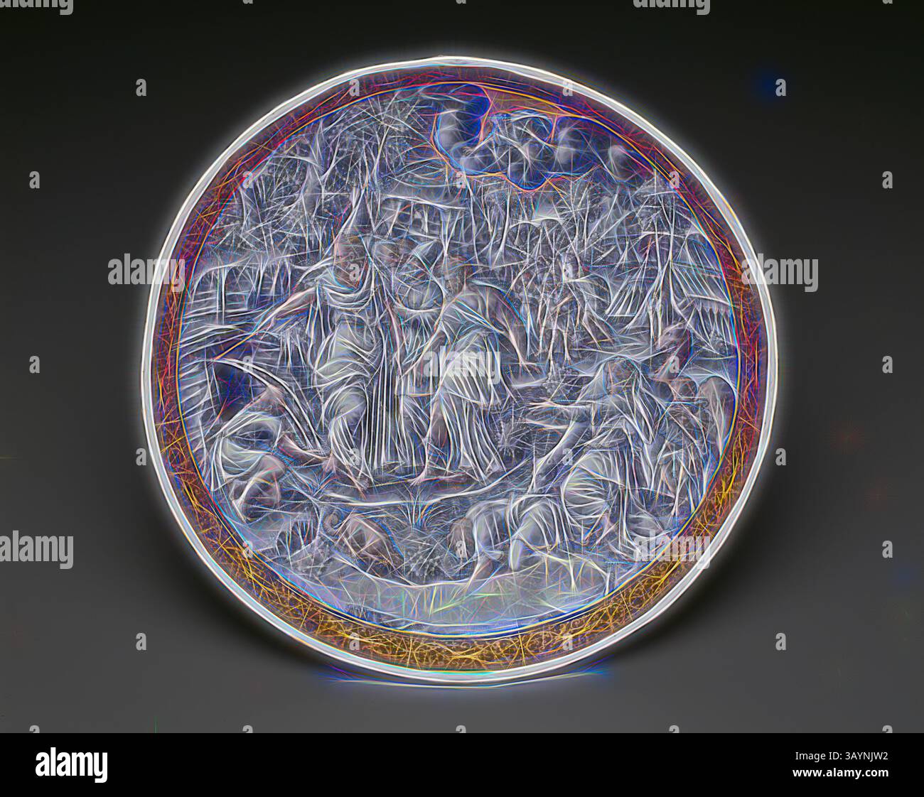 A circular relief sculpture depicting a dramatic scene with figures ...