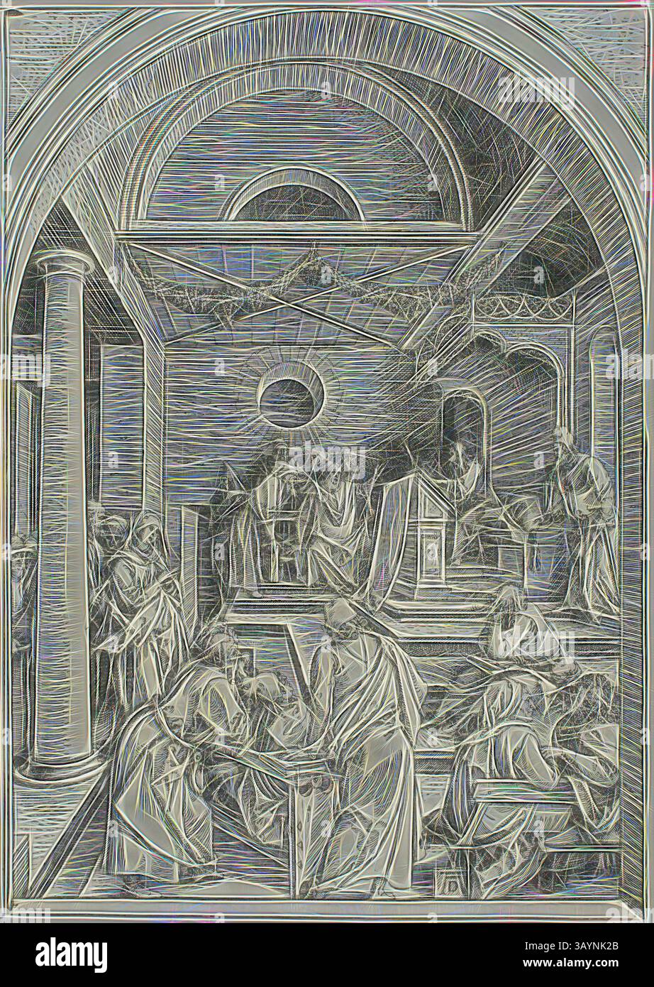 A dramatic scene depicting figures engaged in a theological discussion ...