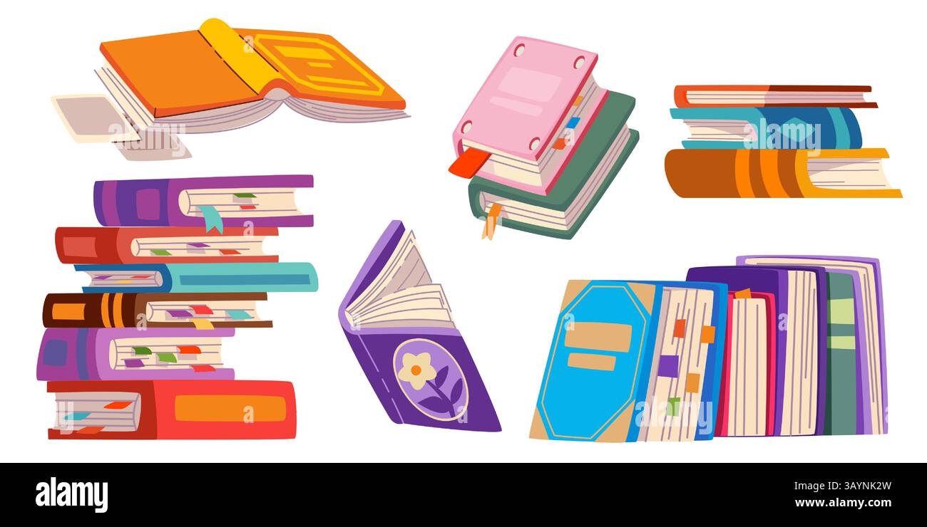 Cartoon book pile collection - colorful flat vector illustrations of ...