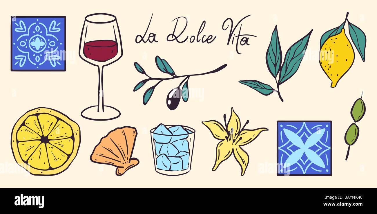 Italian summer menu icons set isolated on background. Vector illustration of hand drawn doodle ...